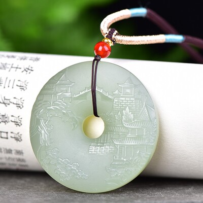 送家人和田玉镯心料冰底浅晴水细腻无结构山水平安扣毛衣坠D15170