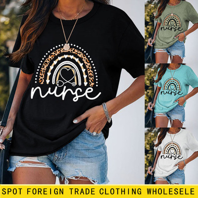 亚马逊独立站nurse爱心豹纹彩虹字母印花新款短袖ebay女士t恤