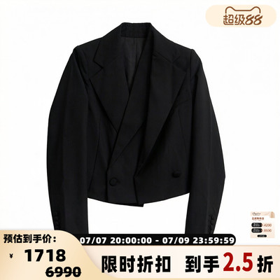 rta女士高级感通勤风纯黑假两件短款西装外套 银泰百货 301596