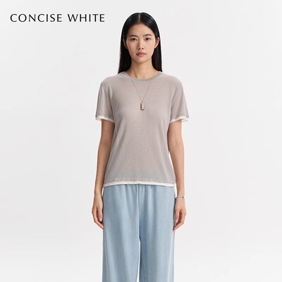 concise-white/简白系列新品女士通勤拼色假两件短袖 301257