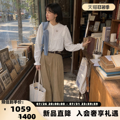 木耳边立领镂空绣花长袖纯棉衬衫