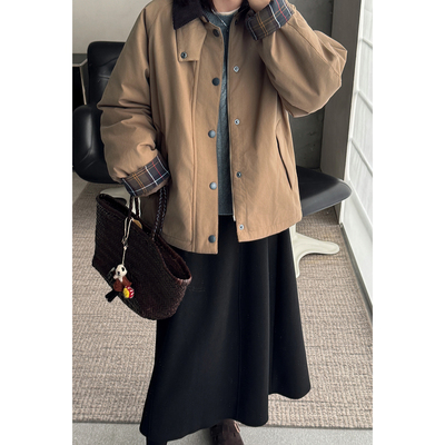 韩版休闲灯芯绒翻领拼接保暖风衣