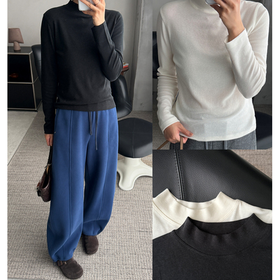 韩版休闲纯色半高领宽松百搭T恤