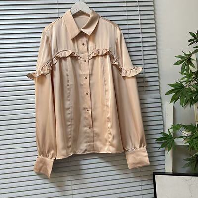 1127-11专柜大牌法式荷叶边缎感衬衫女长袖气质小众上衣
