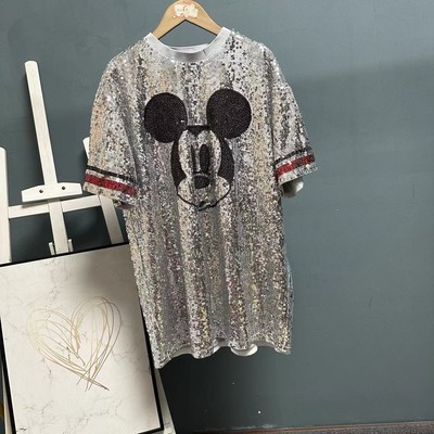 0510-59F家迪家联名款潮流宽松卡通大版闪亮重工亮片卡通字母短袖