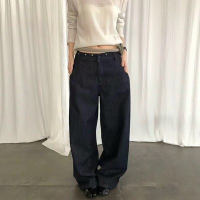 IU ROOM 韩系铆钉设计复古宽松阔腿牛仔裤宽松休闲显瘦牛仔裤1728