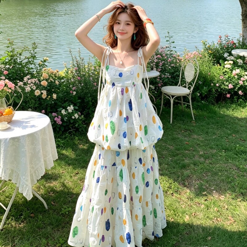 夏日穿搭彩色波点吊带连衣裙新款绝美花苞半身裙两件套