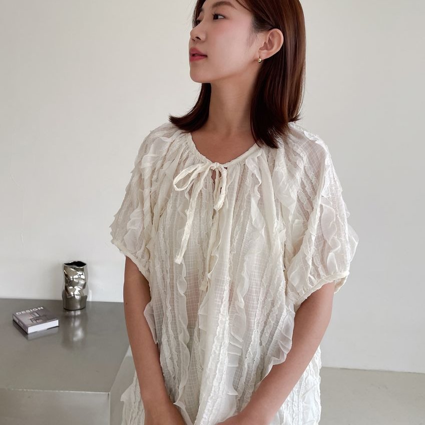 重工定制立体蕾丝花边短袖套头衬衫 两穿领 宽松大码女装 chic