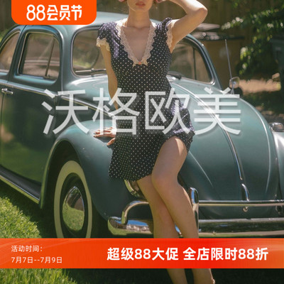 沃格 RX春夏新品深蓝白波点印花蕾丝拼V领系带短款斜裁真丝连衣裙