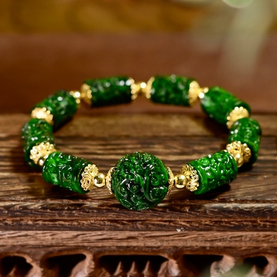 天然干青翡翠雕花圆珠路路通手链