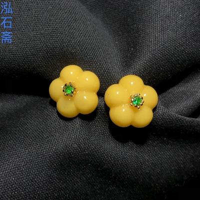 1A770 天然蜜蜡花朵耳钉s925银满蜜五瓣花一点钻款11-12mm鸡油黄