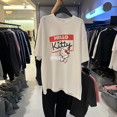 圆领字母卡通小猫宽松短袖T恤