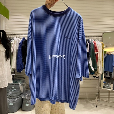 春款圆领休闲细条纹宽松短袖T恤