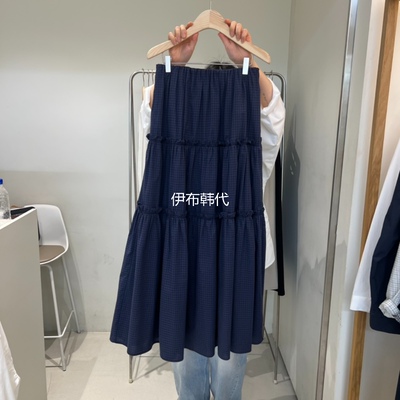 松紧腰木耳边小格子半裙长裙