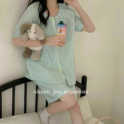全棉水洗色织双层纱圆领短袖短裤套头睡衣简约格子家居服奶油格子