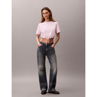 韩国代购26夏CKJ女凉感透气印花logo圆领短款系带短袖T恤47F231G