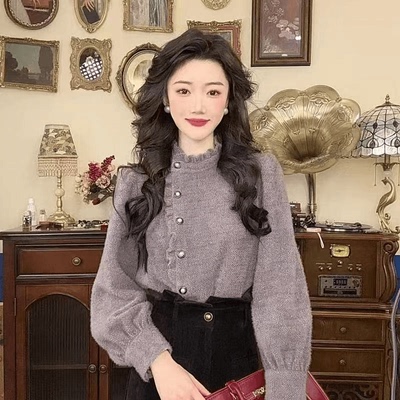 冬季穿搭斜襟精致木耳边衬衫女秋冬加厚内搭长袖衬衣复古港风上衣