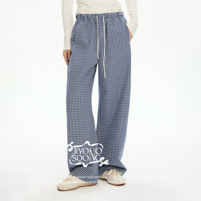 NKC.欧洲站小众JIYOOSOONG宽松显瘦百搭减龄裤子格子垂感慵懒阔腿