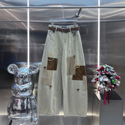 NKC.欧洲站小众深圳南油复古做旧水洗牛仔裤子面料麂皮拼接弯刀裤