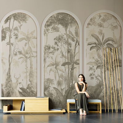 法式3d立体复古石膏线墙纸民宿植物南洋风情壁纸网红直播间高级感