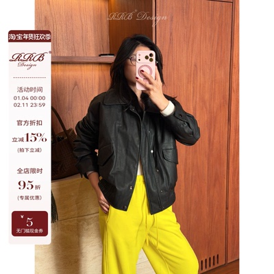 RRB Design 100%头层荔枝纹羊皮POLO领显瘦酷飒机车皮衣鸭绒外套