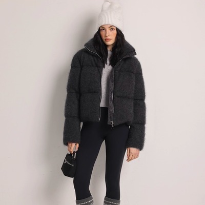 深花灰羊毛拉毛鹅绒短款羽绒服