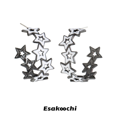 Esakoochi原创设计原宿风白色星星大圈圈耳环枪黑个性小众耳饰