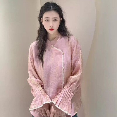 新中式春款显瘦衬衫人丝浮光锦女复古花边提花气质衬衣书卷一梦