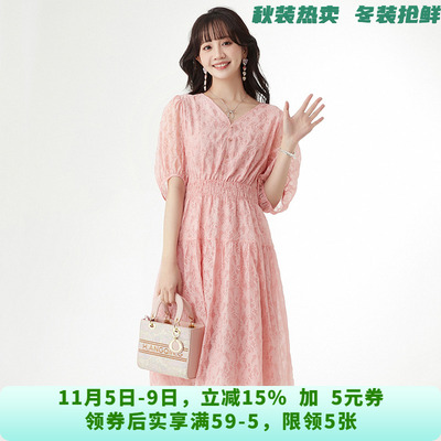 HG0A0039甜美风V领中裙五分袖裙子连衣裙女5.22夏
