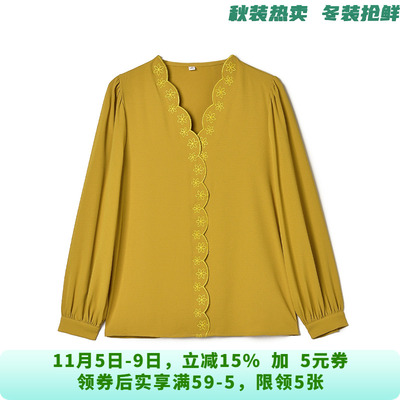 QC0D0032花边V领时尚感上衣套头长袖衬衫女10.21秋