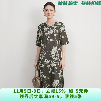 QY0A0031复古印花中长裙套头V领裙子连衣裙女5.26夏