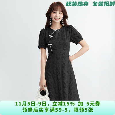 HG0A0140国风盘扣中裙短袖圆领裙子连衣裙女5.27夏