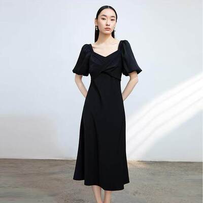高端OU0A0087法式成熟风裙子简约泡泡袖连衣裙女5.14夏