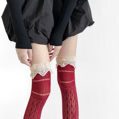 日系复古蕾丝花边镂空菱形格纹过膝袜女夏季薄款jk美腿袜堆堆小腿