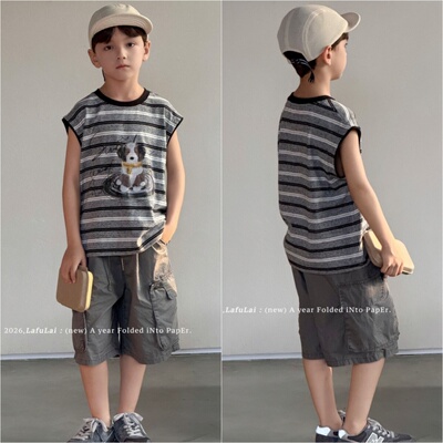 啦芙莱童装2026夏款男童卡通满印坎肩中大童薄款无袖纯棉T恤7871