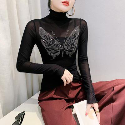 PYX-679广场洋气百搭网纱烫钻蝴蝶结高领性感微透前后两穿打底衫