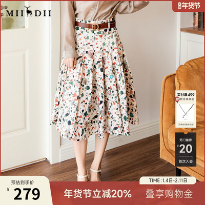 谜底花色半身裙2025秋回归乡野复古修身印花百褶中长裙257MB7821