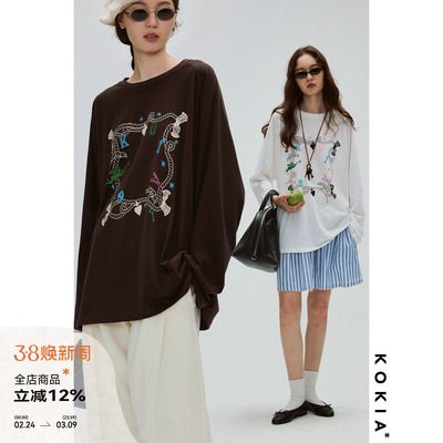 KOKIA趣味印花薄款长袖宽松T恤