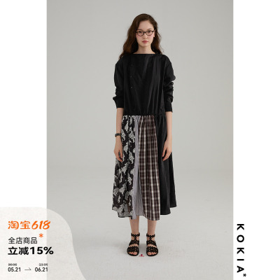 KOKIA斜襟撞色格纹拼接连衣裙