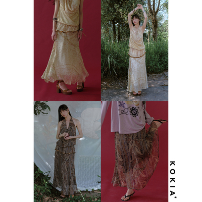 KOKIA现货 古典艺术Paisley印花雪纺缩褶花边鱼尾裙松紧腰半身裙