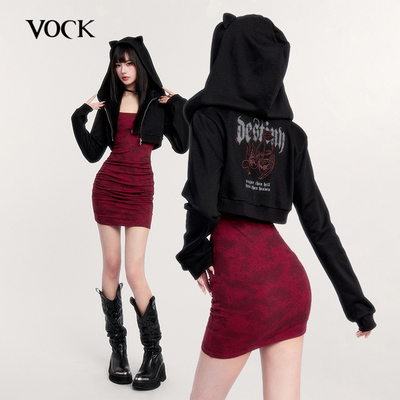 VOCK 恶魔甜心 暗黑少女小猫耳连帽收腰显瘦短款印花卫衣外套辣妹