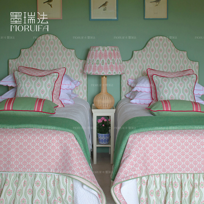 墨瑞法英式清新图案布艺床双人床复古风软包床头靠背headboard