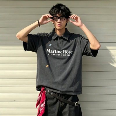 Martine Rose美式潮牌字母复古做旧男女宽松休闲潮短袖翻领POLO衫