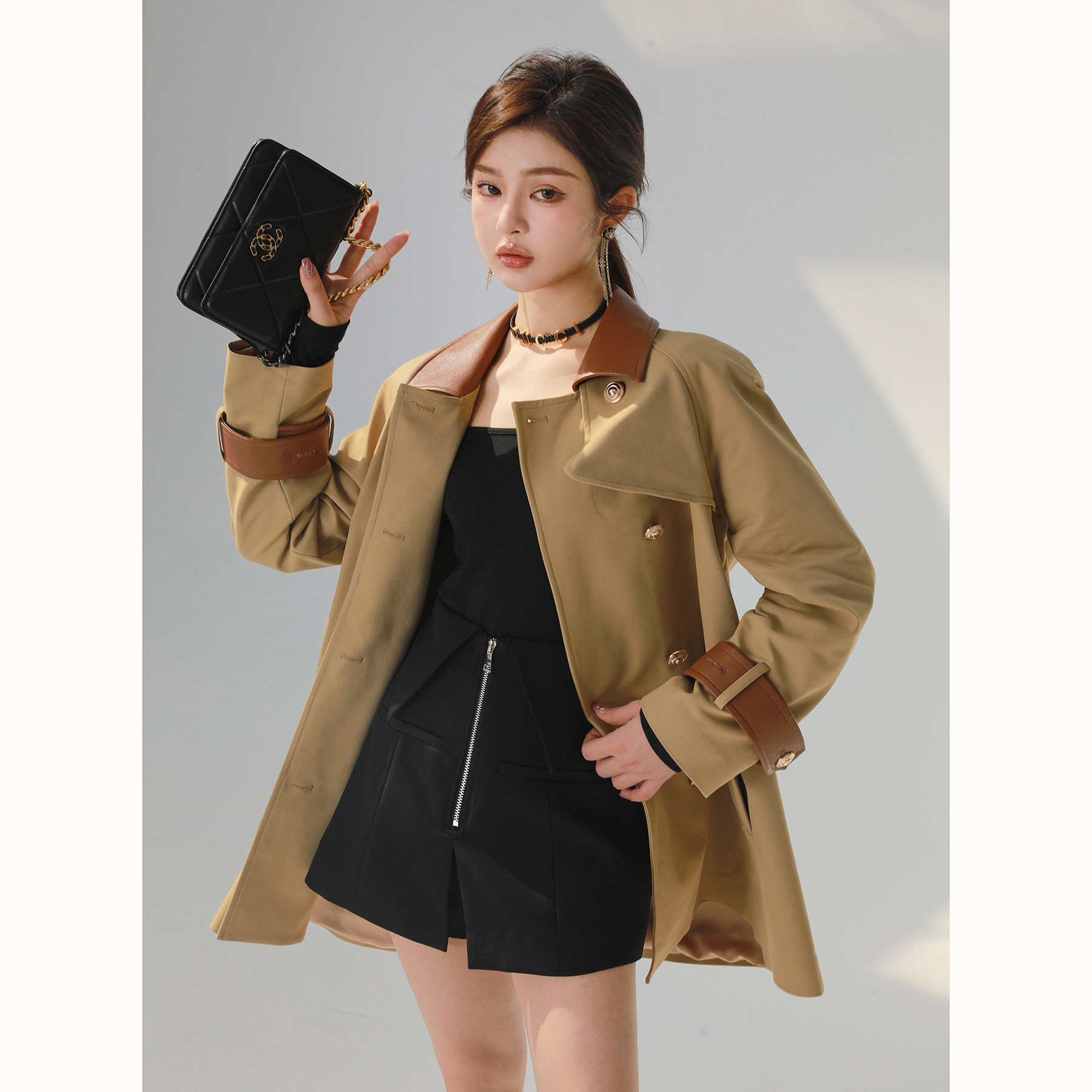 LIN CHAO ZHANG【拿破仑风衣】秋冬气质格纹拼接卡其中长款风衣女_虎窝淘