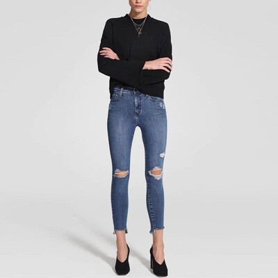 现货Nobody Denim高腰蓝色破洞阶梯毛边显瘦紧身九分小脚牛仔裤女