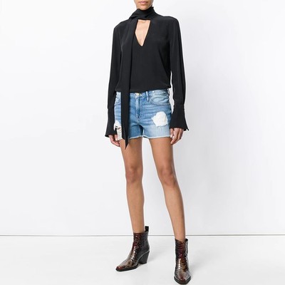 现货 Frame Denim高腰破洞毛边显瘦腿长宽松牛仔热短裤女潮蓝白色