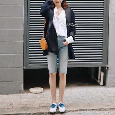 清仓现货 Frame Denim高腰浅蓝色毛边牛仔自行车骑行弹力中短裤女