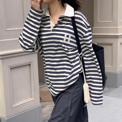 韩国正品直邮HAAG设计感条纹polo衫女宽松百搭长袖休闲上衣