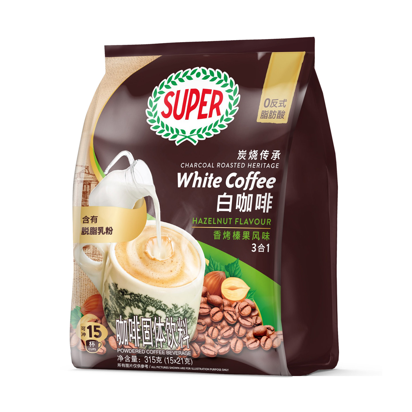 马来西亚进口Super超级牌炭烧榛果味咖啡三合一白咖啡15小条315g