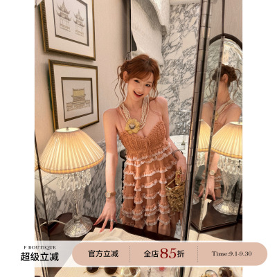 F boutique「浅桃洛可可」限量Valent1no重工8层蕾丝边抽皱连衣裙